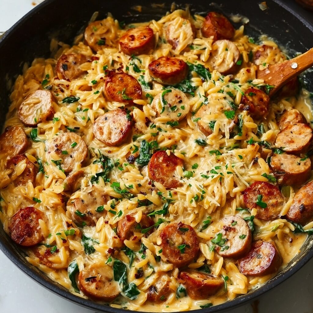 Creamy Chicken Sausage Orzo Skillet - all moms recipes