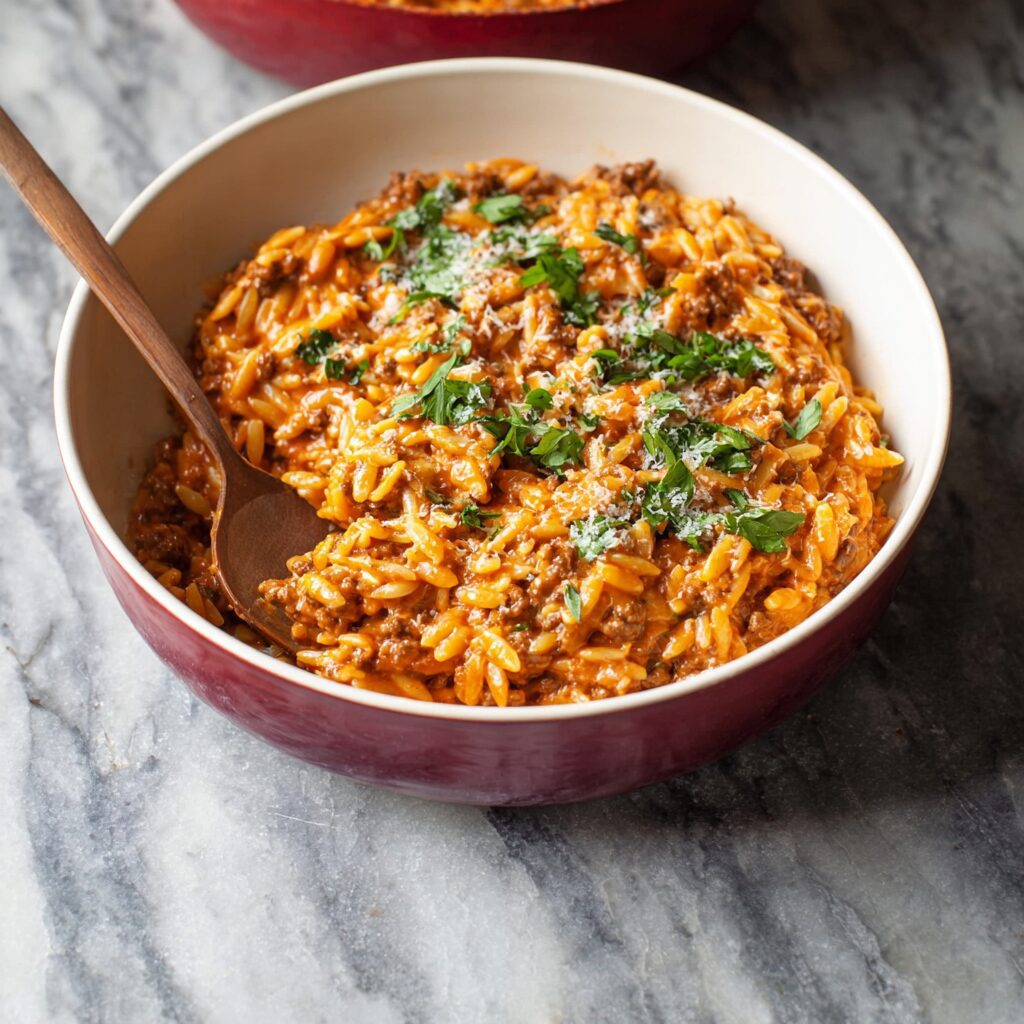 Ground Beef Orzo with Tomato Cream Sauce - all moms recipes