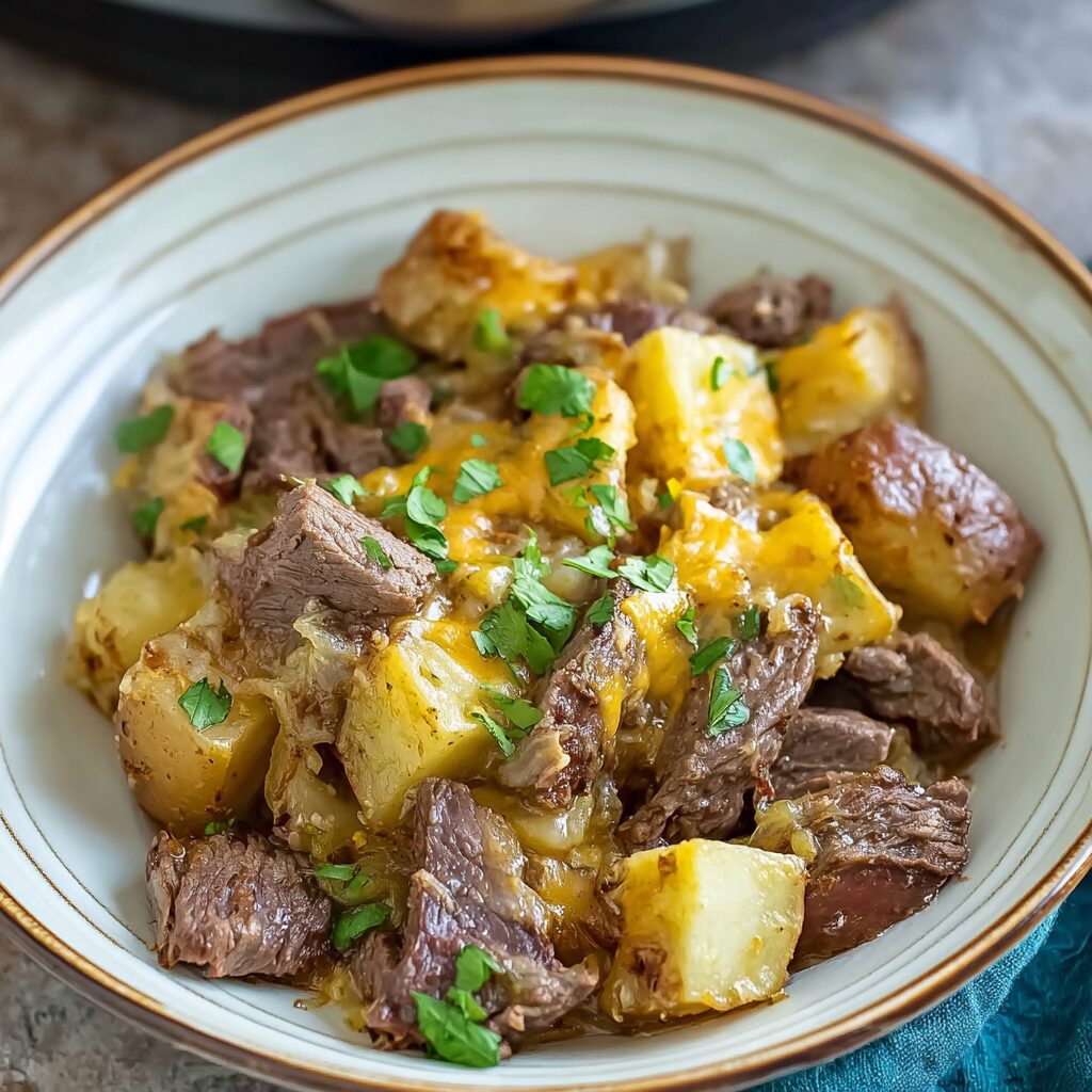 Slow Cooker Steak and Cheddar Potato Casserole - all moms recipes