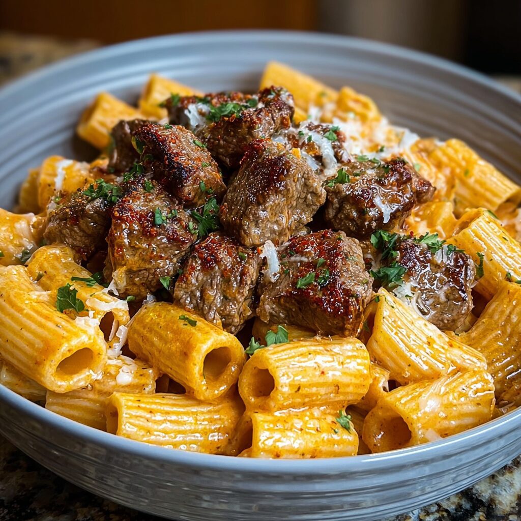 Cajun Steak Tips in Cheesy Rigatoni Parmesan Sauce - all moms recipes