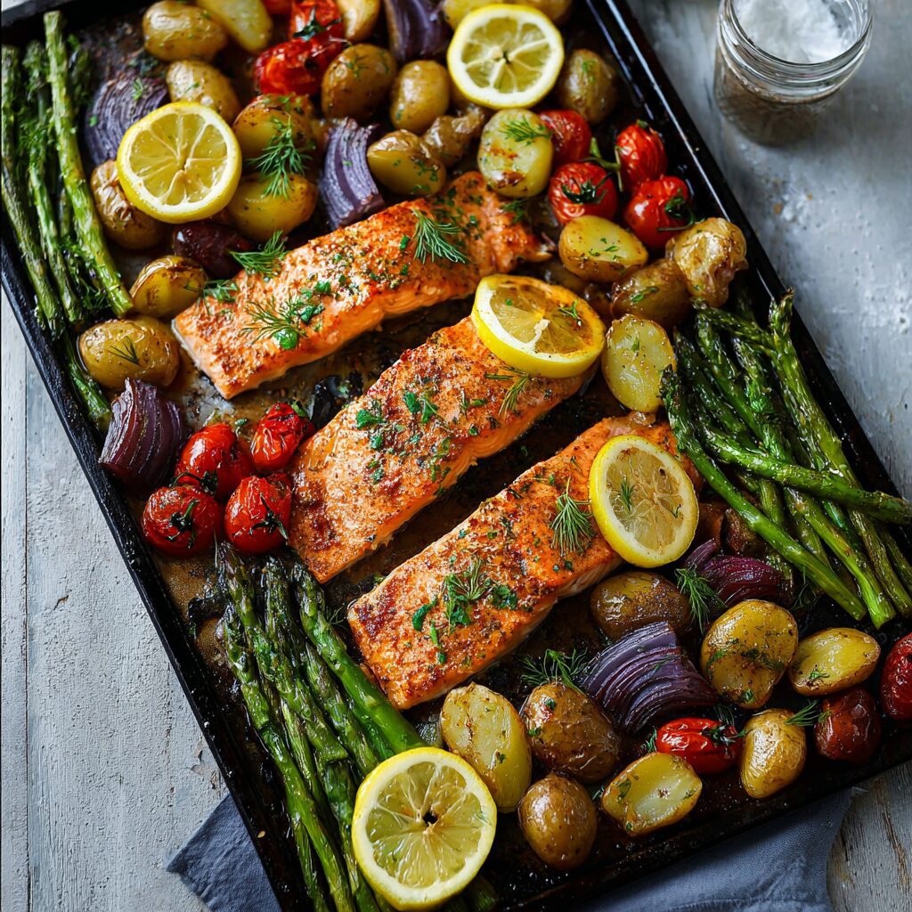 Sheet Pan Salmon and Potatoes with Veggies - all moms recipes